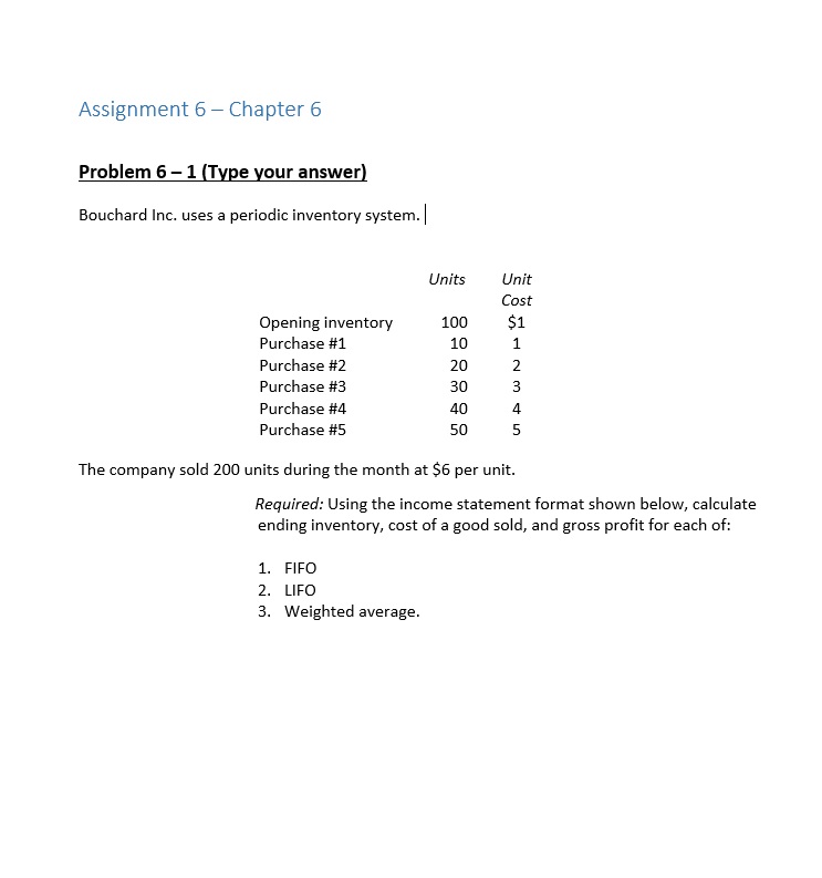 Solved Assignment 6 - Chapter 6 Problem 6-1 (Type your | Chegg.com Solved Assignment 6 - Chapter 6 Problem 6-1 (Type your | Chegg.com