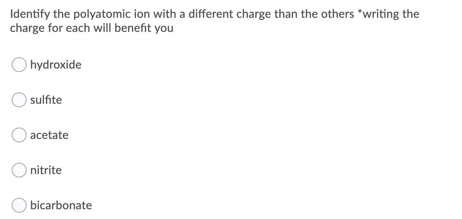 Solved Identify the polyatomic ion with a different charge | Chegg.com