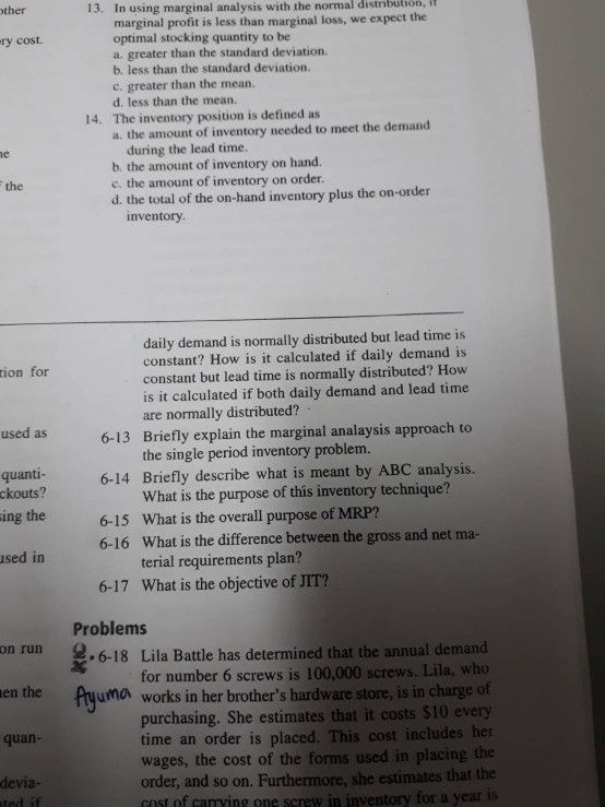 Solved 13. In using marginal analysis with the normal | Chegg.com
