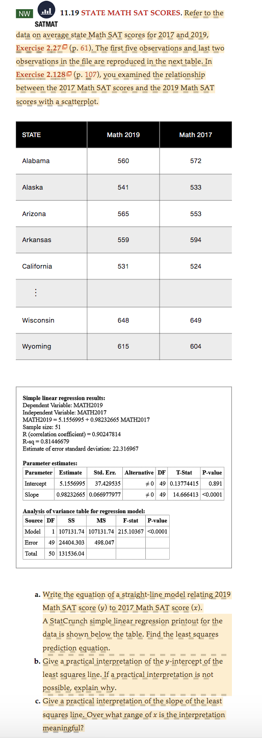 Solved NW N1.19 STATE MATH SAT SCORES. Refer to the SATMAT | Chegg.com