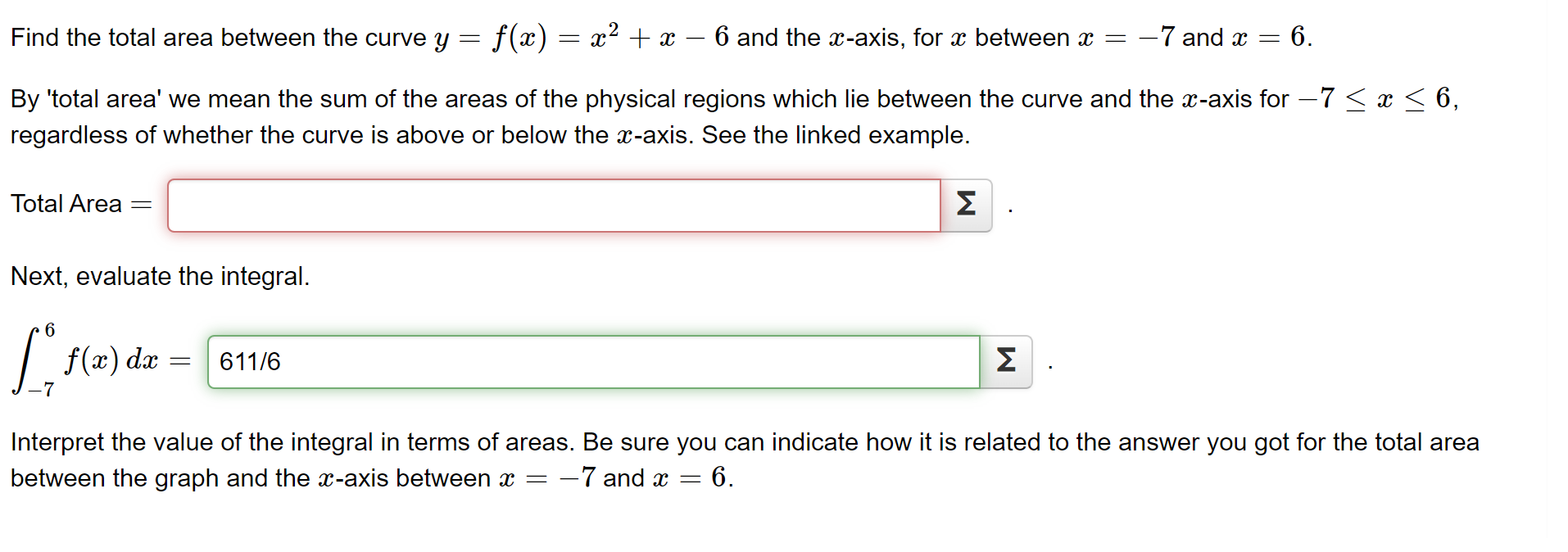 Solved –7 and x = Find the total area between the curve y = | Chegg.com