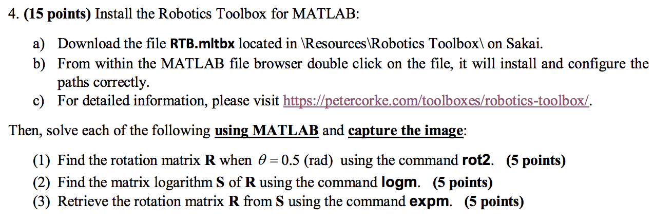 4. (15 points) Install the Robotics Toolbox for | Chegg.com