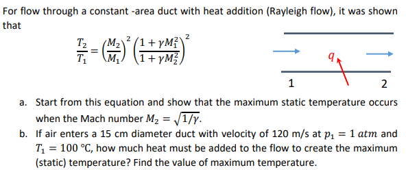 Solved For flow through a constant -area duct with heat | Chegg.com