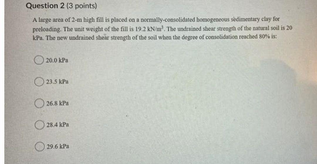 Solved Question 2 (3 points) A large area of 2-m high fill | Chegg.com