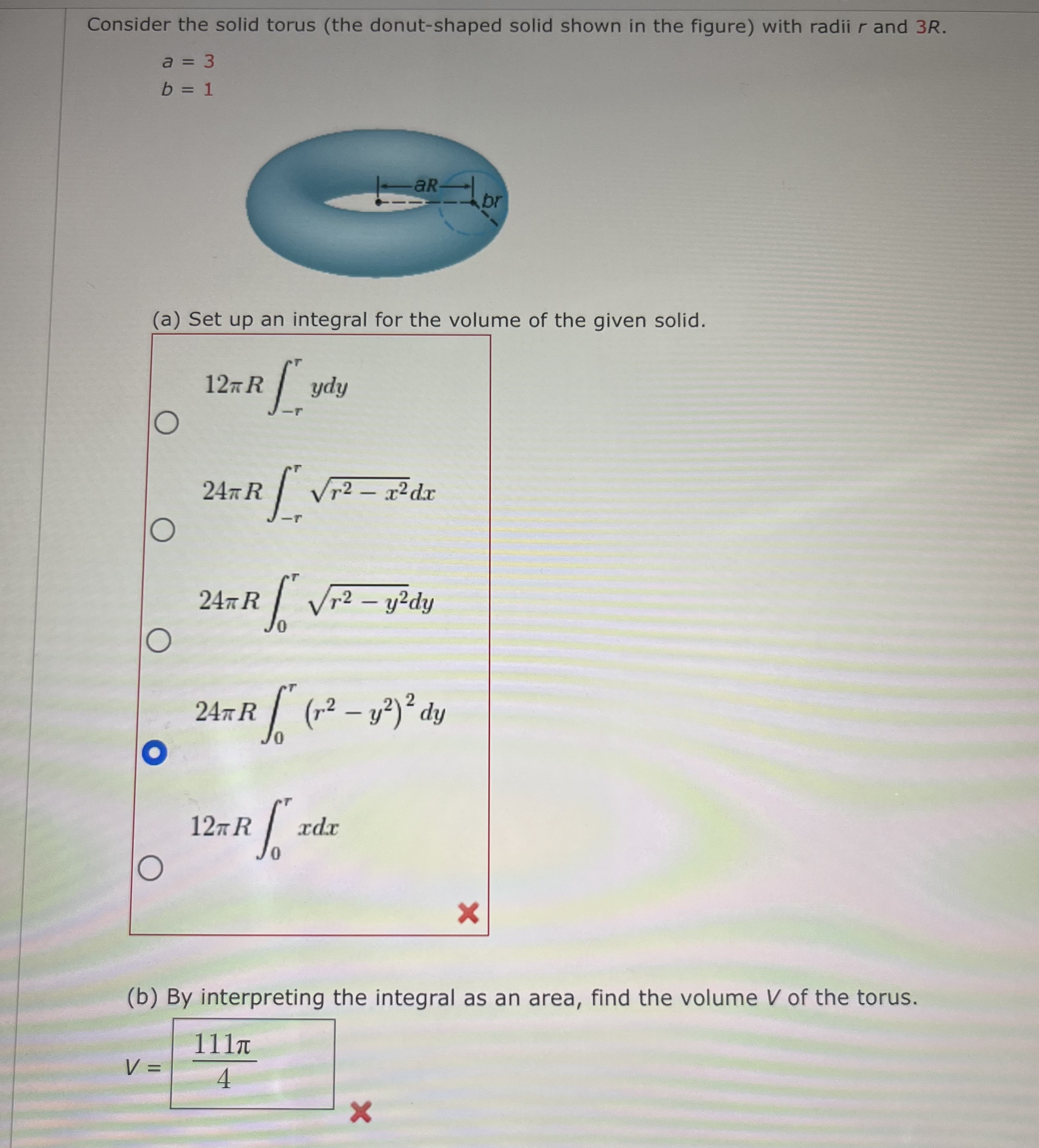 Solved a=3b=1 (a) Set up an integral for the volume of the | Chegg.com