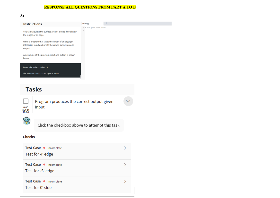 Solved RESPONSE ALL QUESTIONS FROM PART A TO B A) | Chegg.com
