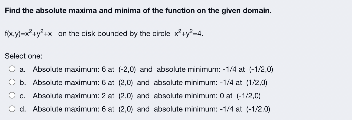 Solved Find the absolute maxima and minima of the function | Chegg.com