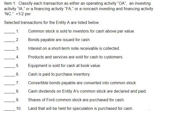 Solved Item 1: Classify each transaction as either an | Chegg.com
