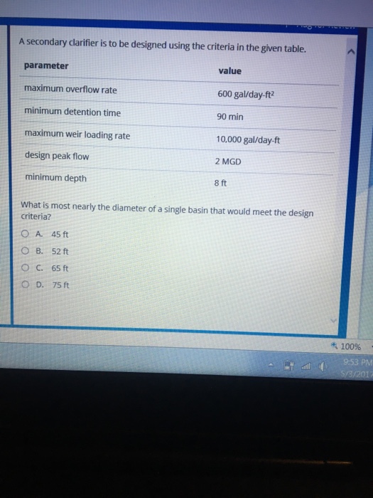 Solved A secondary clarifier is to be designed using the | Chegg.com