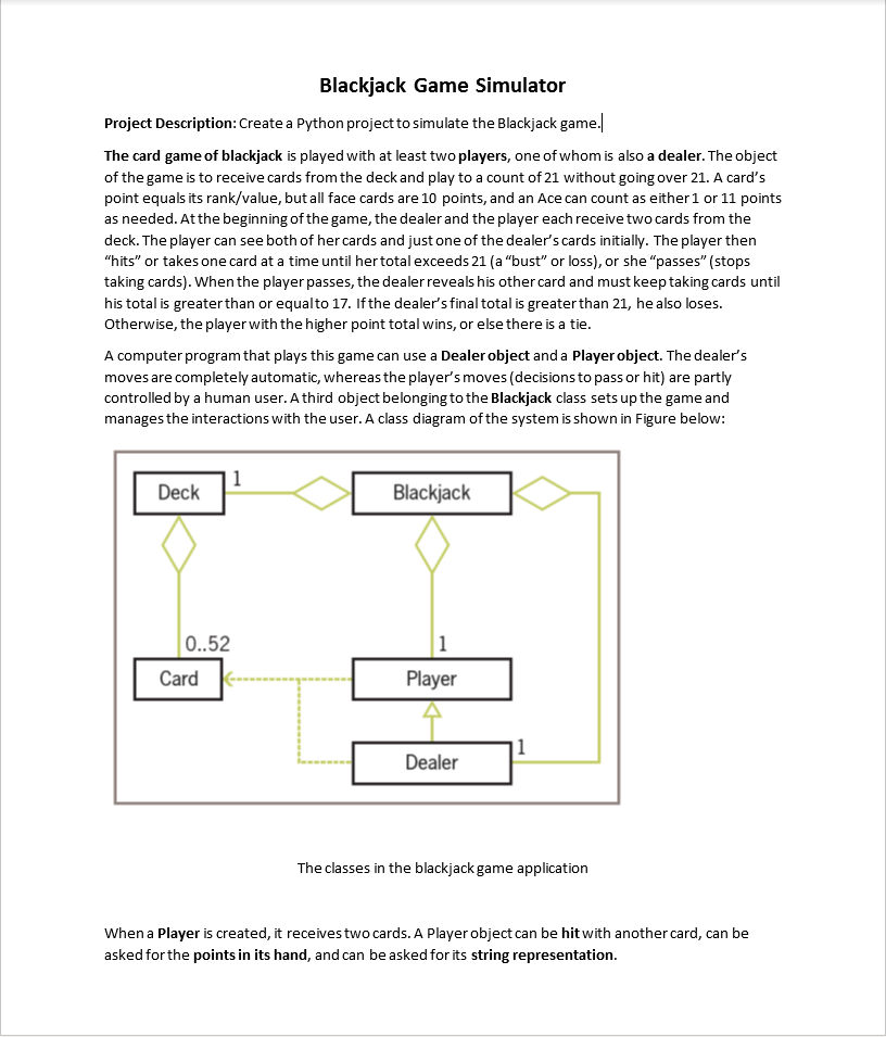 Solved Blackjack Game Simulator Project Description Create 