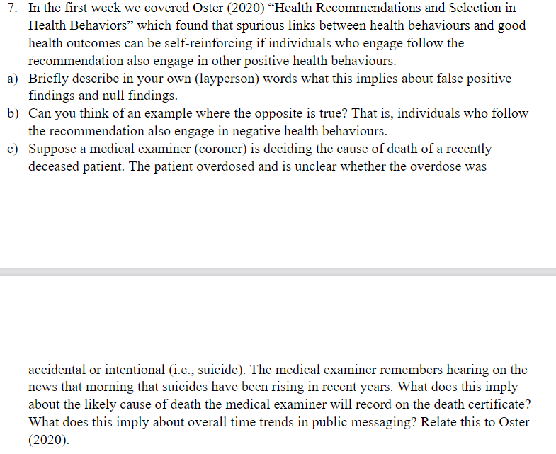 Solved 7. In the first week we covered Oster (2020) “Health | Chegg.com