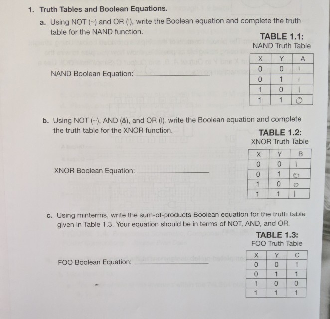 Solved 1. Truth Tables and Boolean Equations. a. Using NOT ㈠ | Chegg.com