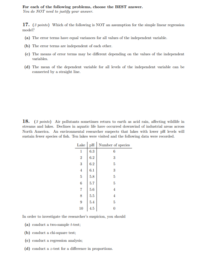 Solved For each of the following problems, choose the BEST | Chegg.com