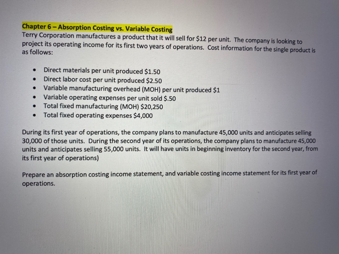 Solved Chapter 6- Absorption Costing vs. Variable Costing | Chegg.com