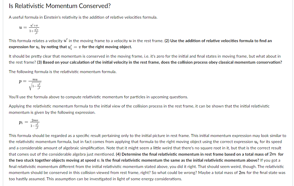 Is Relativistic Momentum Conserved? A useful formula | Chegg.com