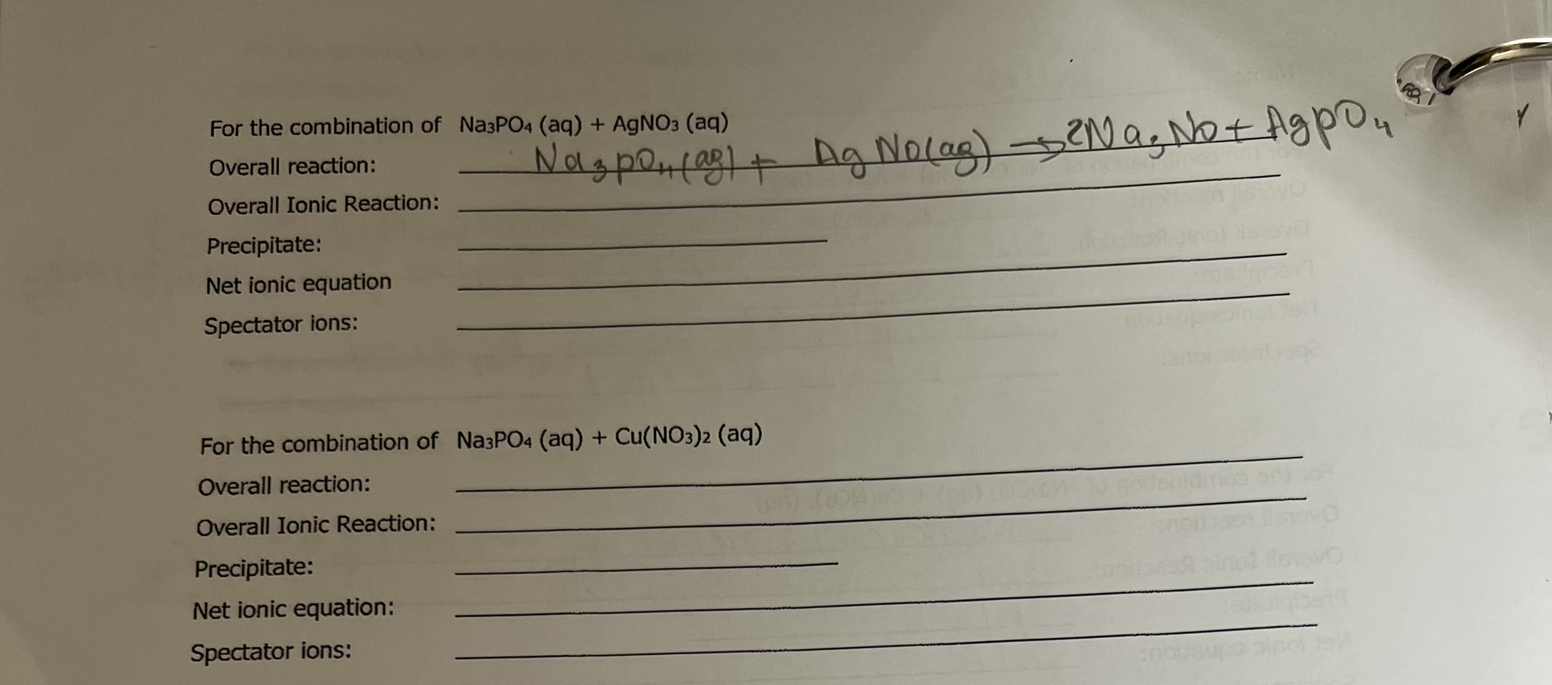 Solved For the combination of Na3PO4(aq)+AgNO3(aq) Overall | Chegg.com