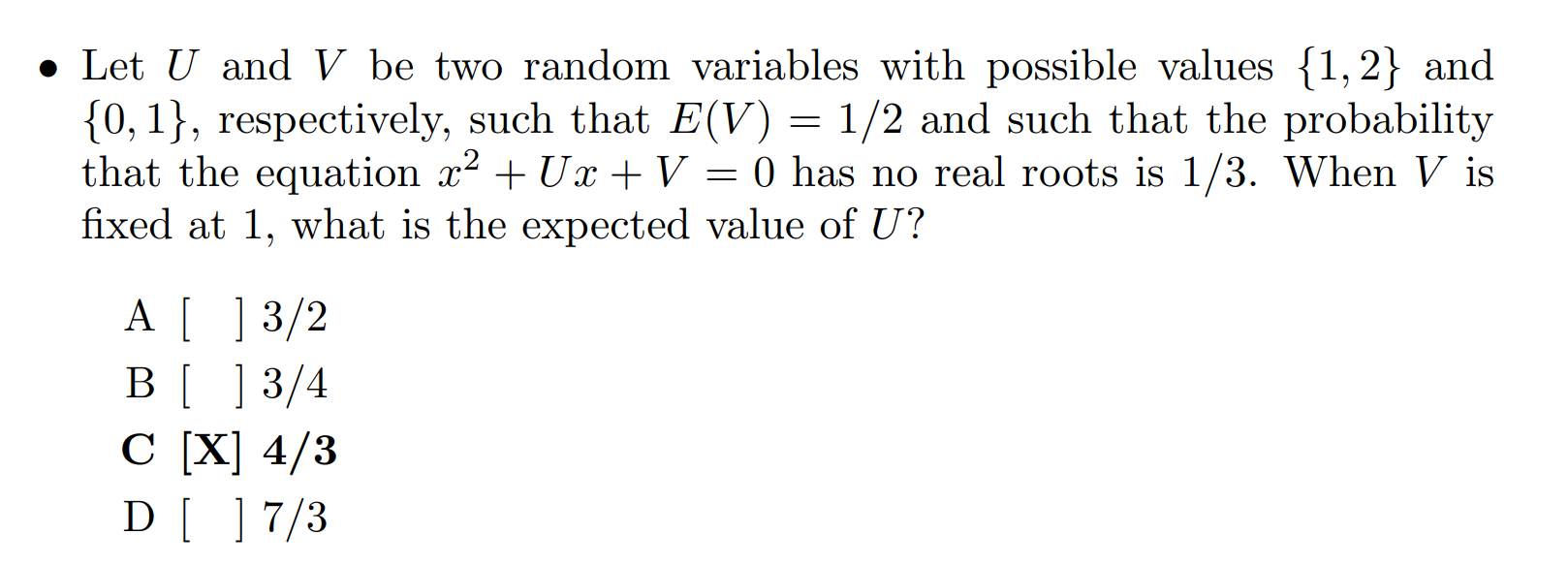 Solved - Let U and V be two random variables with possible | Chegg.com