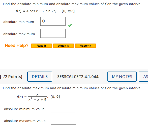 Solved Find the absolute minimum and absolute maximum values | Chegg.com