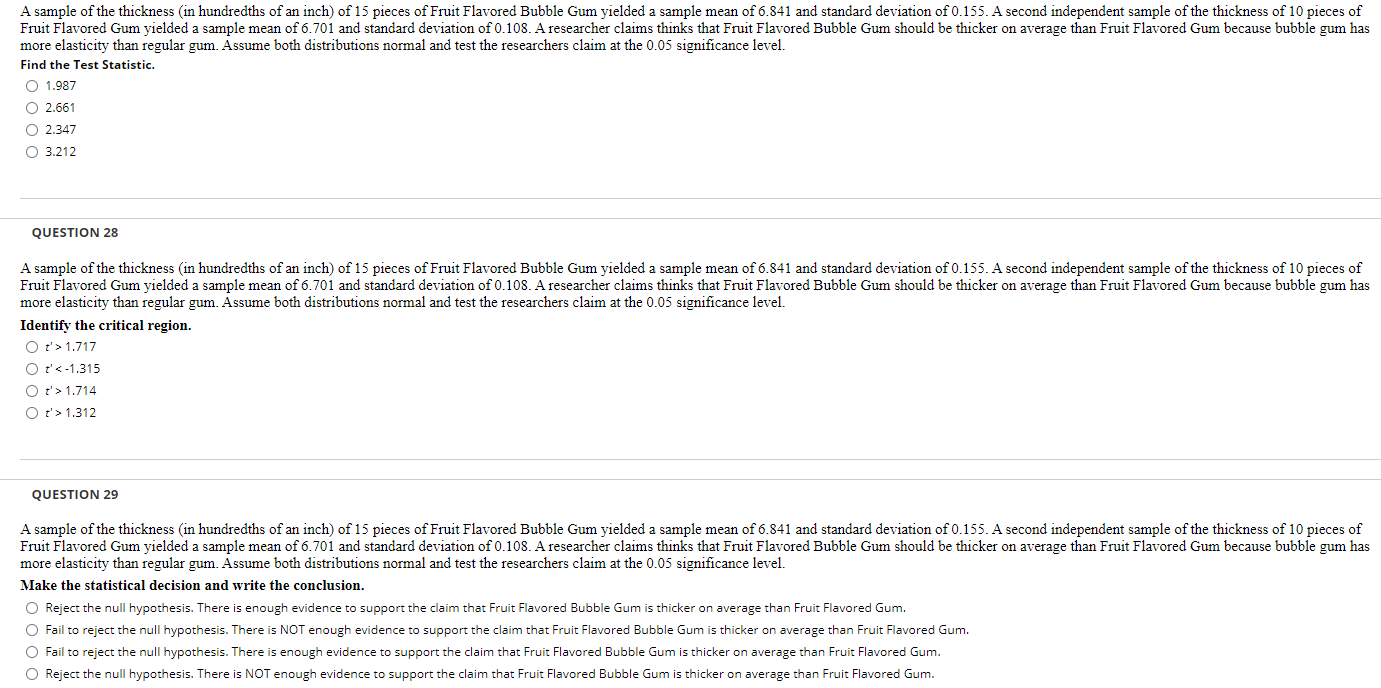 Solved A sample of the thickness (in hundredths of an inch) | Chegg.com