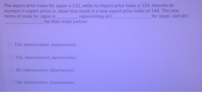 Solved The export price index for Japan is 132, while its | Chegg.com