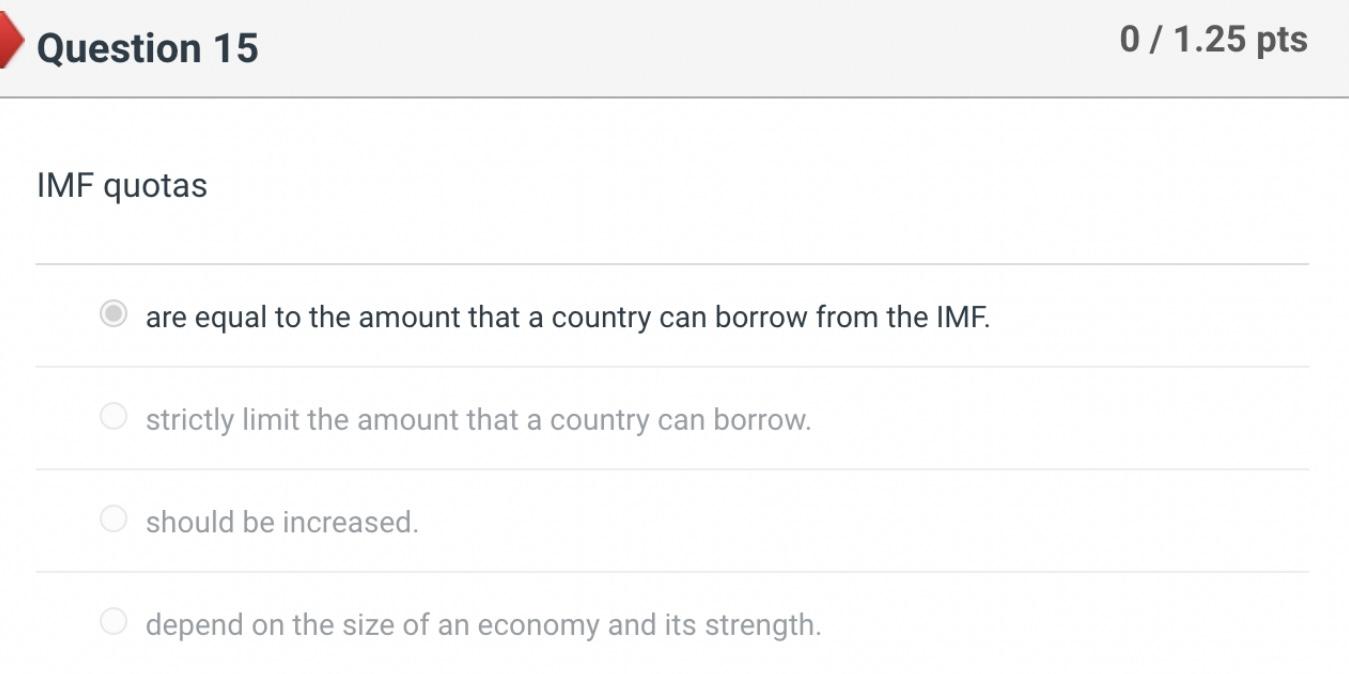 Solved Question 15 0 / 1.25 pts IMF quotas are equal to the | Chegg.com