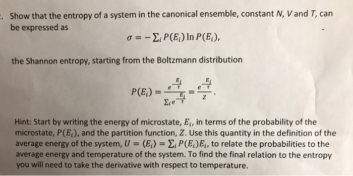 Solved Show that the entropy of a system in the canonical | Chegg.com