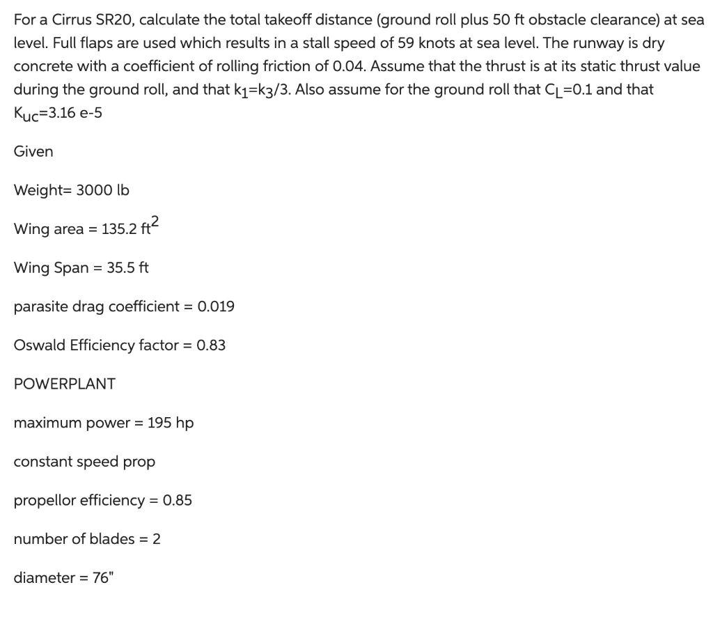 Solved For a Cirrus SR20, calculate the total takeoff | Chegg.com