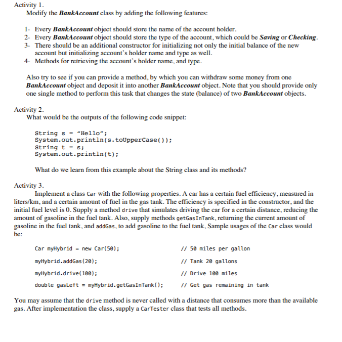 Solved Activity 1. Modify the BankAccount class by adding | Chegg.com