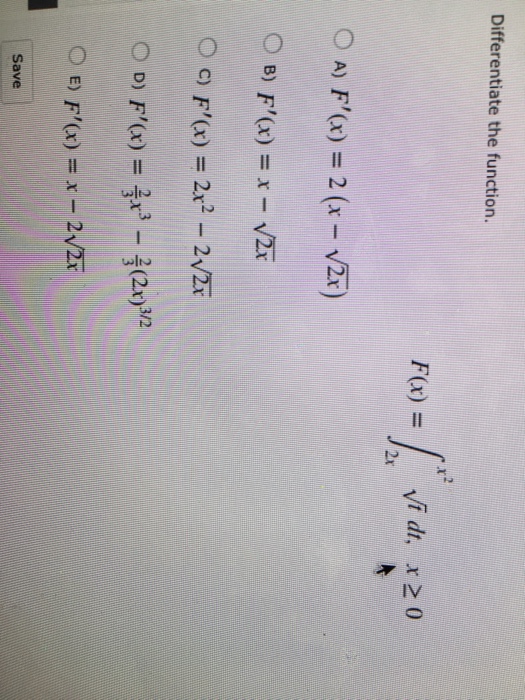 Solved Differentiate the function. F(x) = integral^x^2_2x | Chegg.com