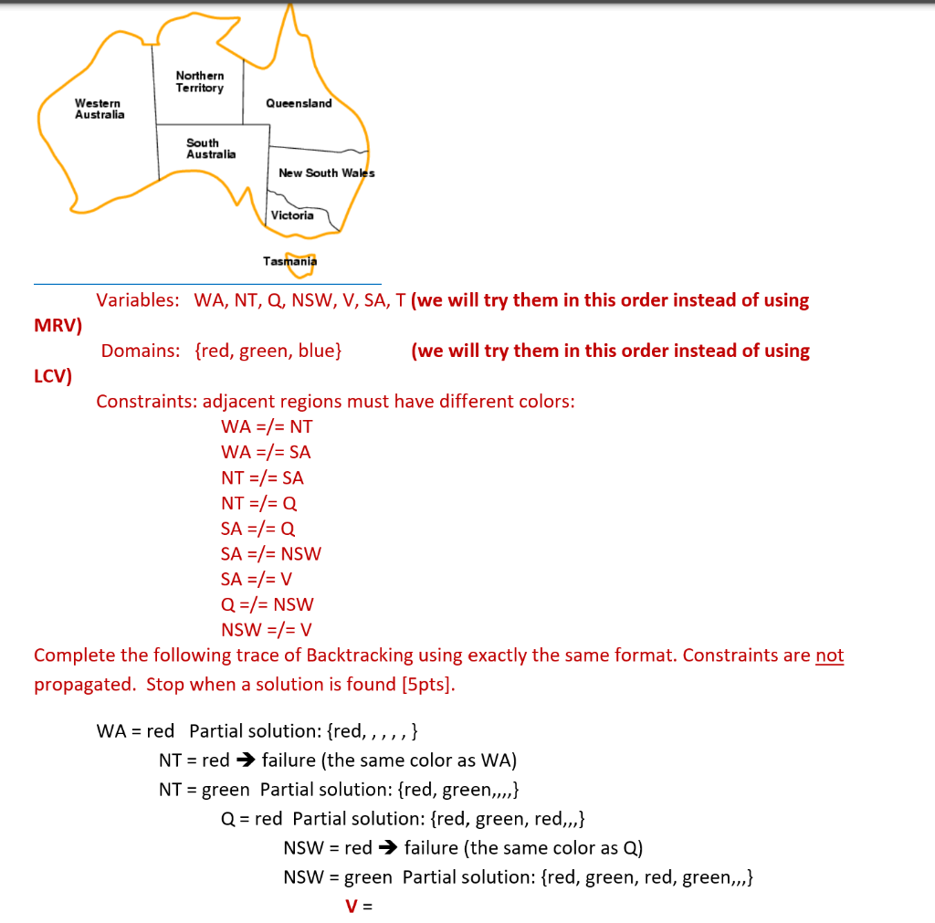Solved Variables: WA, NT, Q, NSW, V, SA, T (we will try them | Chegg.com