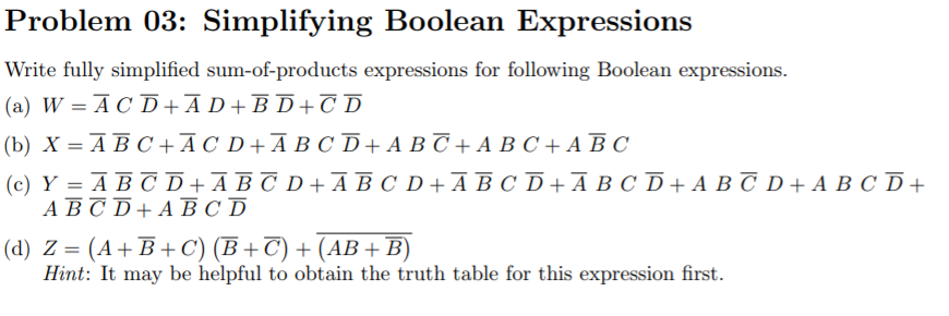 Solved Problem 03: Simplifying Boolean Expressions Write | Chegg.com