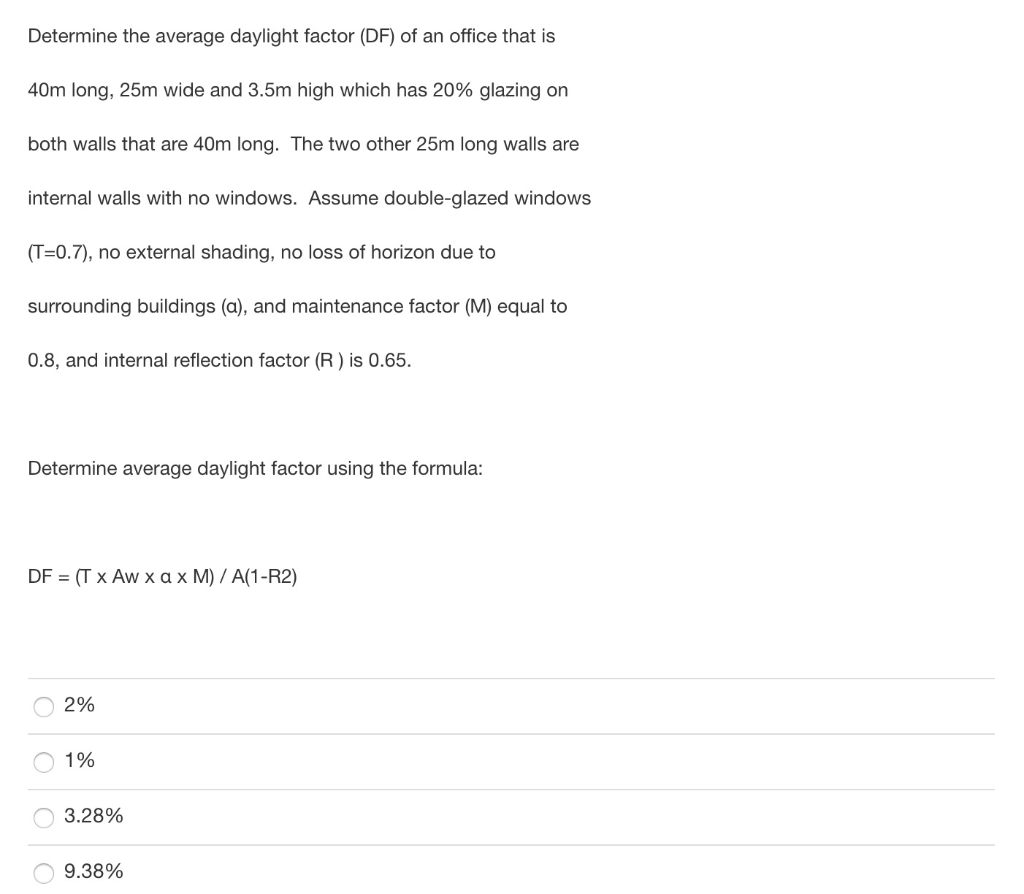 Solved Determine the average daylight factor (DF) of an | Chegg.com