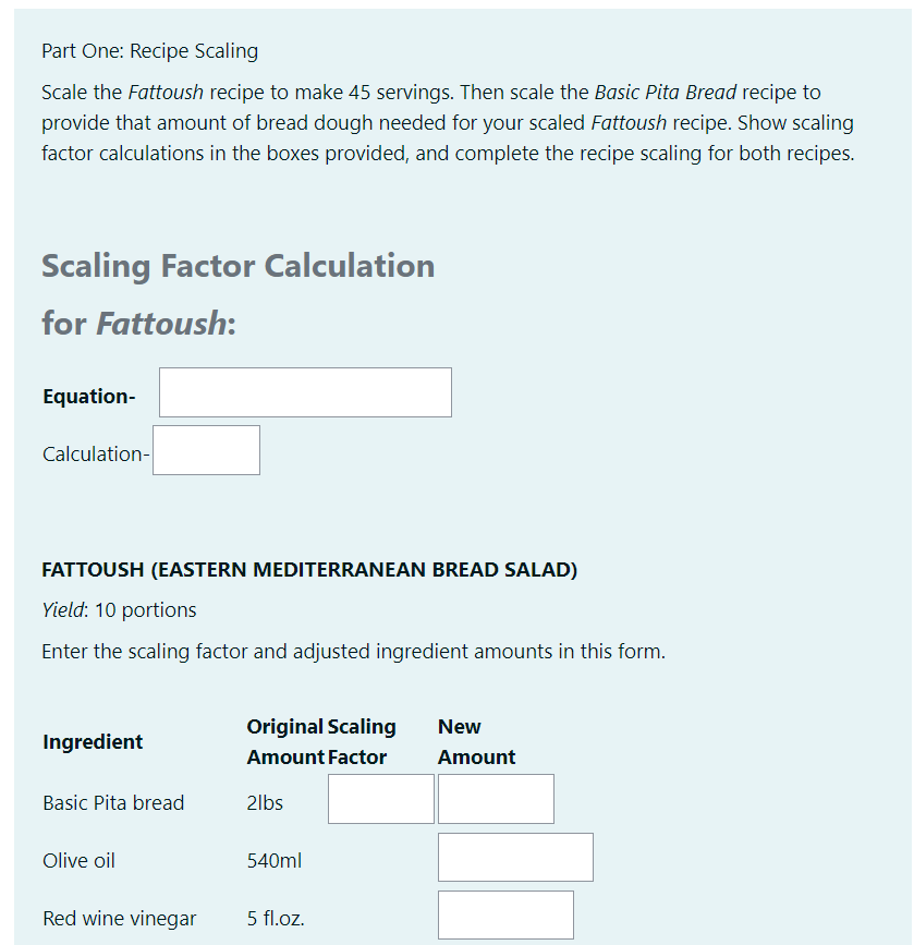 Part One: Recipe Scaling Scale the Fattoush recipe to | Chegg.com