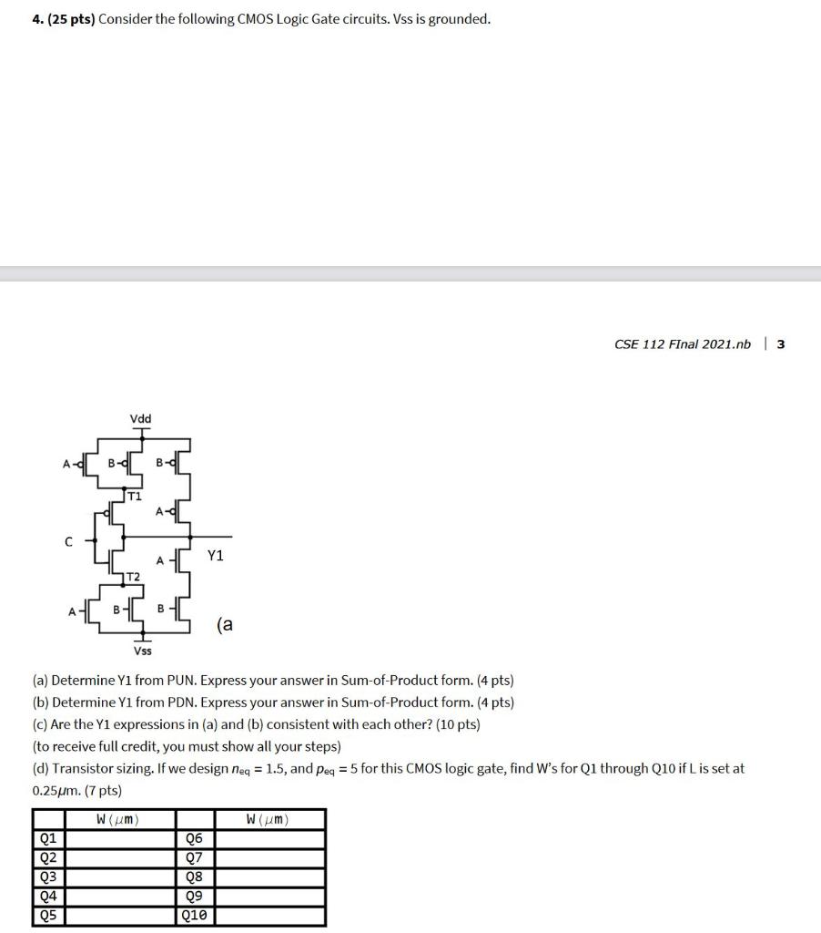 Solved 4. (25 pts) Consider the following CMOS Logic Gate | Chegg.com