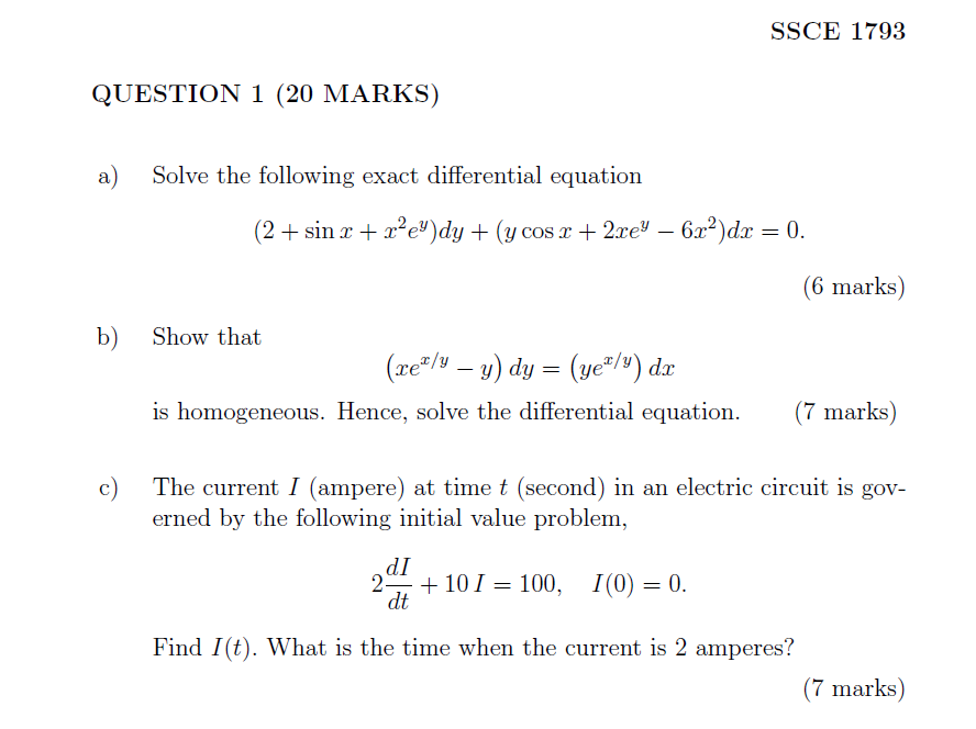 Solved SSCE 1793 QUESTION 1 (20 MARKS) a) Solve the | Chegg.com