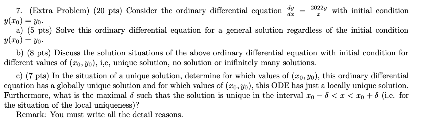 Solved dy dc = Yo 7. (Extra Problem) (20 pts) Consider the | Chegg.com