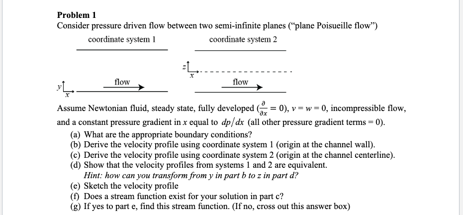 Solved Problem 1 Consider pressure driven flow between two | Chegg.com