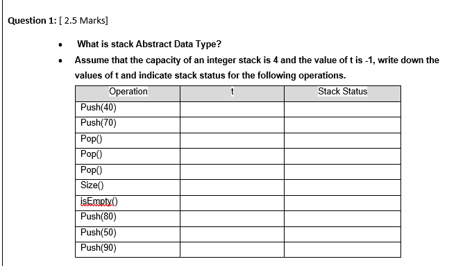 Solved Question 1: [ 2.5 Marks] What is stack Abstract Data | Chegg.com