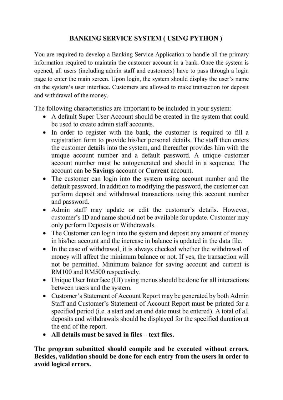 BANKING SERVICE SYSTEM (USING PYTHON) You are | Chegg.com