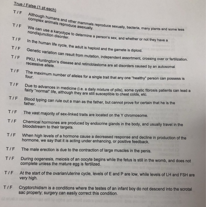 Solved True / False (1 pt each) TIF Although human TIF W | Chegg.com