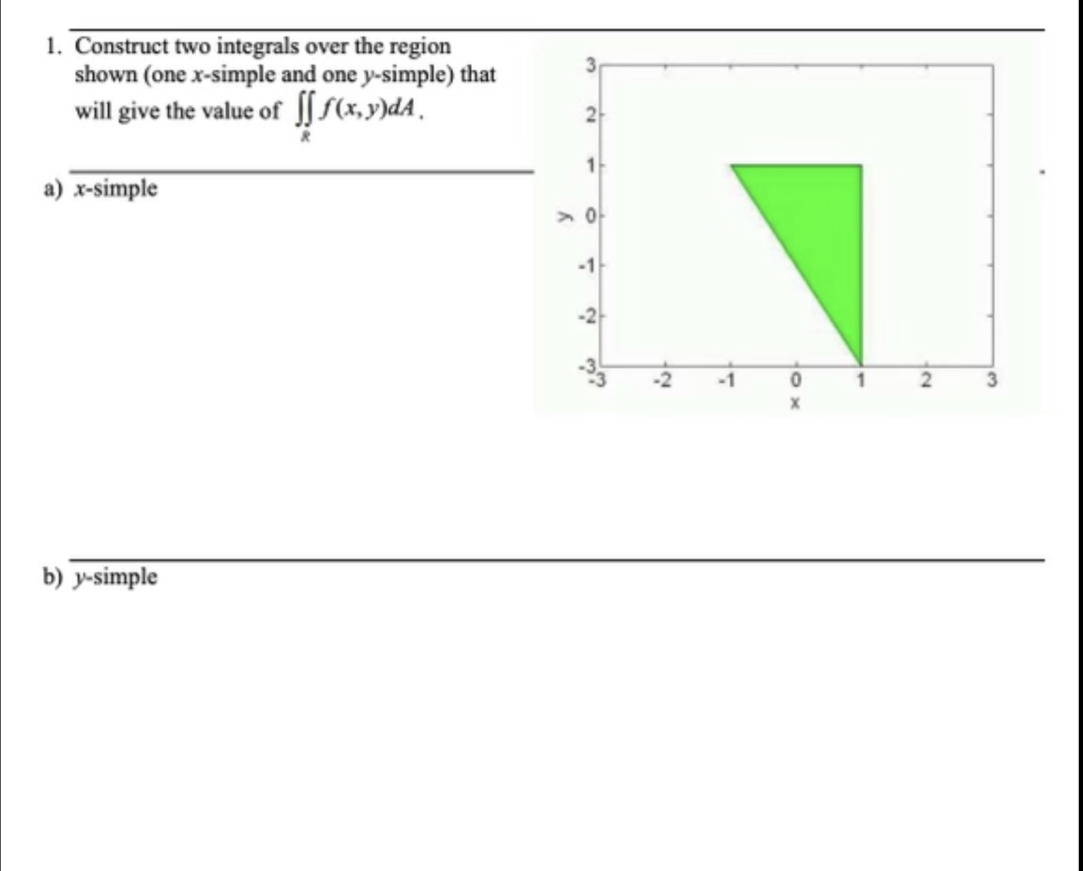 Solved 1. Construct two integrals over the region shown (one | Chegg.com
