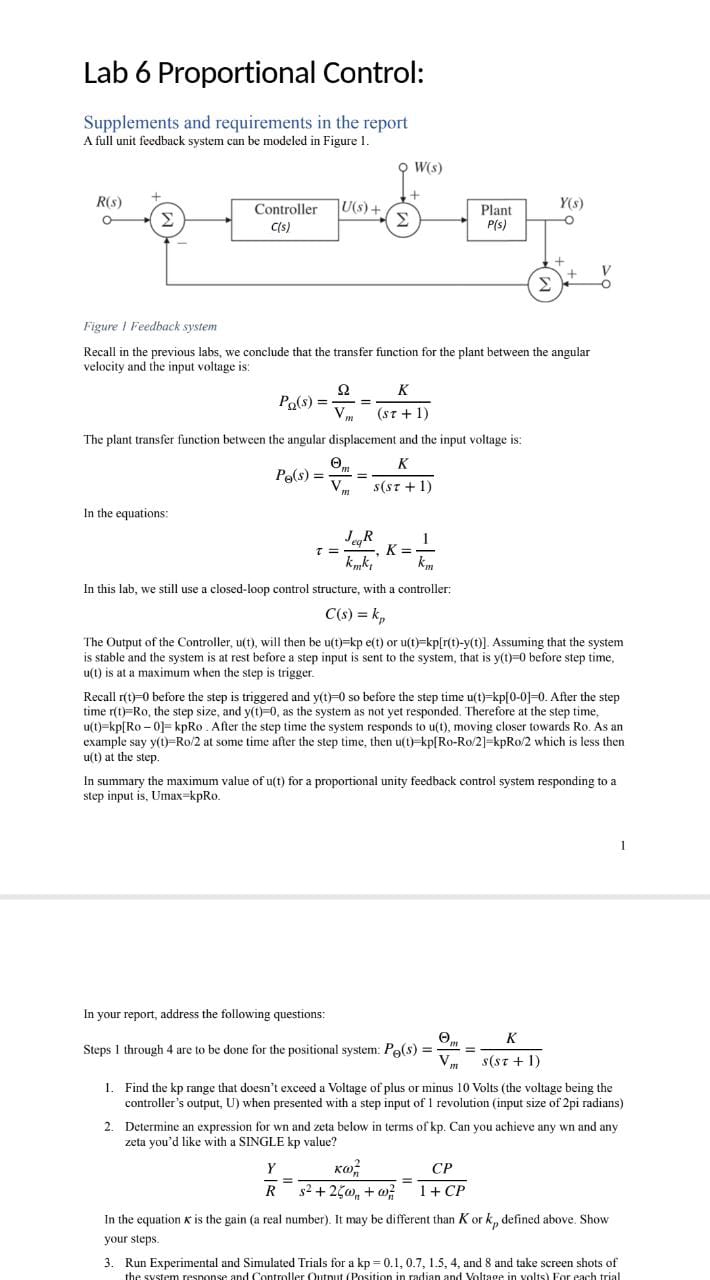 Lab 6 Proportional Control: Supplements and | Chegg.com