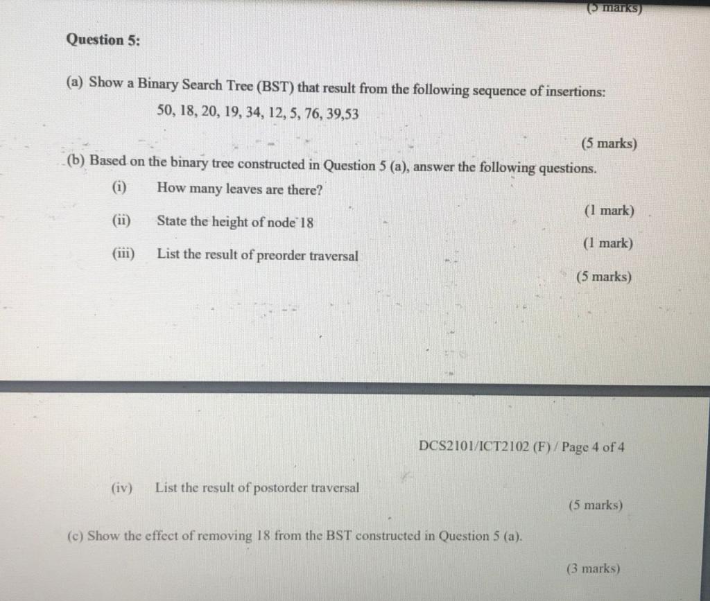 Solved (a) Show a Binary Search Tree (BST) that result from | Chegg.com