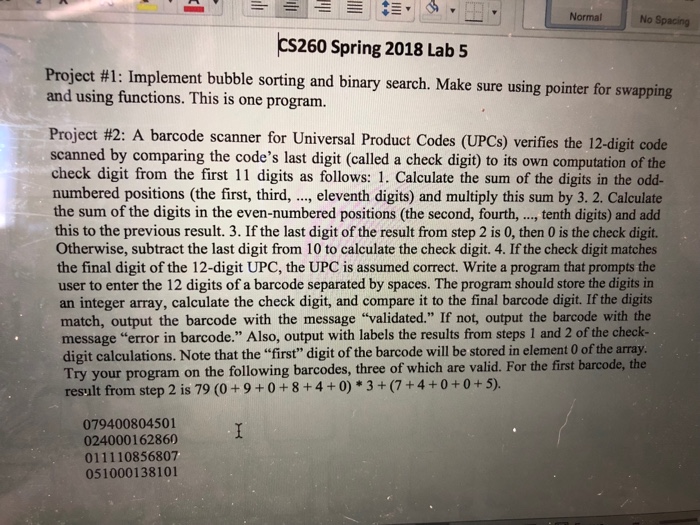 Solved Normal No Spacing CS260 Spring 2018 Lab 5 Project #1: | Chegg.com