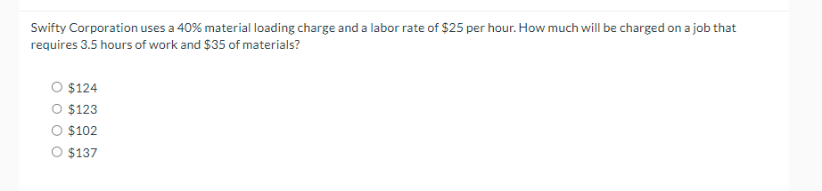 Solved Swifty Corporation uses a 40% material loading charge | Chegg.com