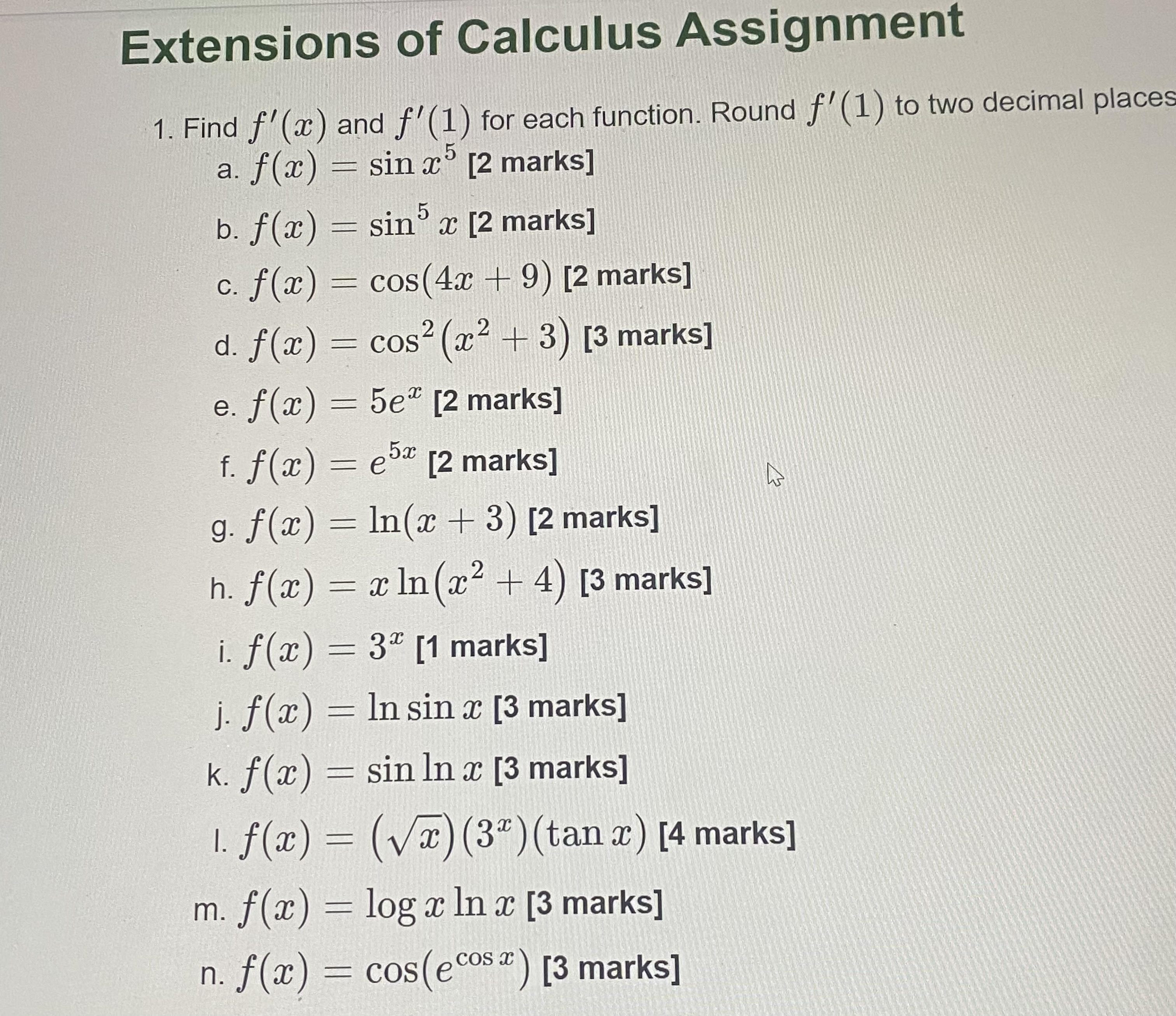 Solved Extensions of Calculus Assignment 1. Find f′(x) and | Chegg.com