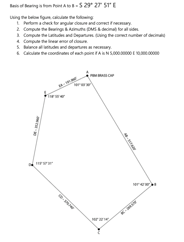 Solved Basis of Bearing is from Point A to B = S 29° 27' 51" | Chegg.com