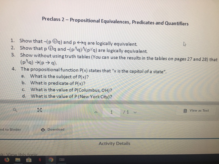 Solved Preclass 2- Propositional Equivalences, Predicates | Chegg.com