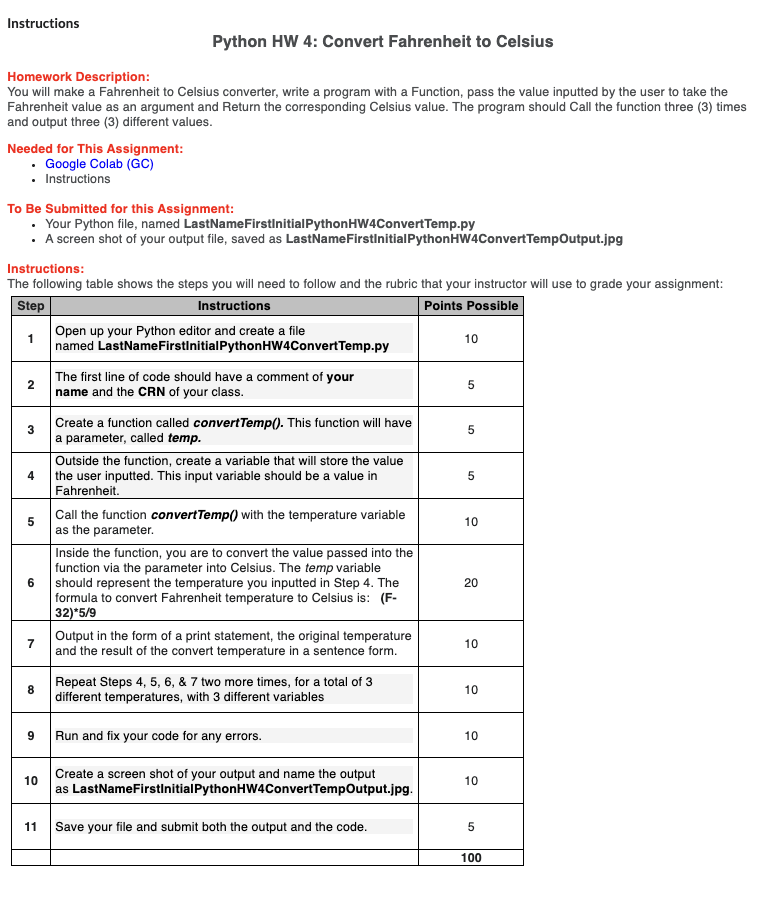 Solved Instructions Python HW 4: Convert Fahrenheit to | Chegg.com