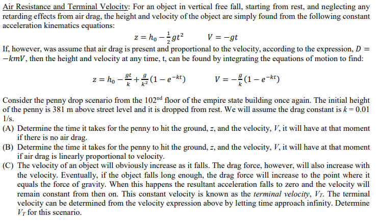 Solved Air Resistance and Terminal Velocity: For an object | Chegg.com